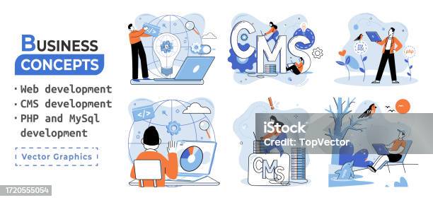 웹 사이트 아키텍처 개념 웹 개발 Php Mysql Cms 인터페이스 디자인 소프트웨어 테스팅 Php 프로그래밍 언어에 대한 스톡 벡터 아트 및 기타 이미지 Istock