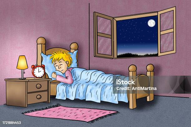 Illustration Of Sleepless Man Lying In His Bed And Finally Fell Asleep