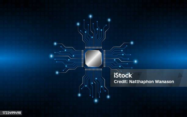 Microchip Processor Circuit Board Technology On Dark Blue Background