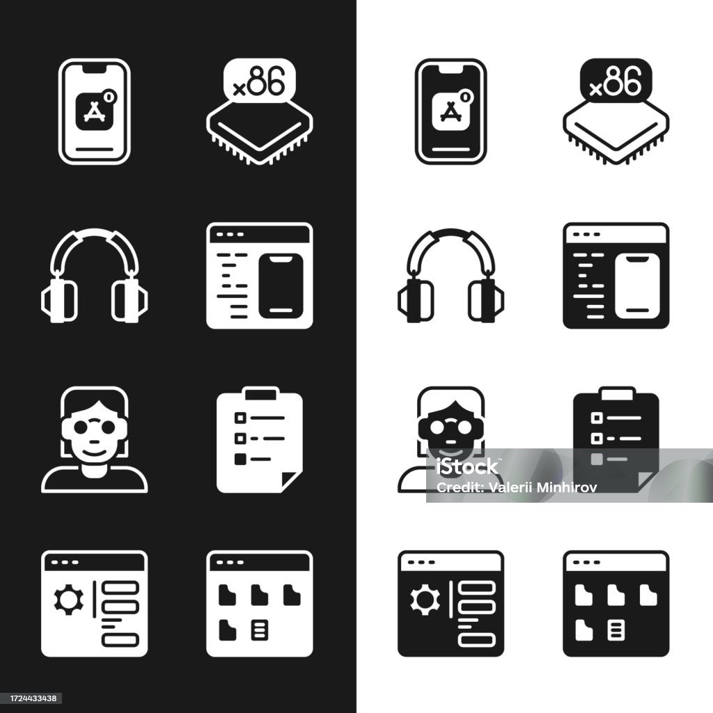 Set Software Headphones Mobile Apps Processor With Microcircuits Cpu