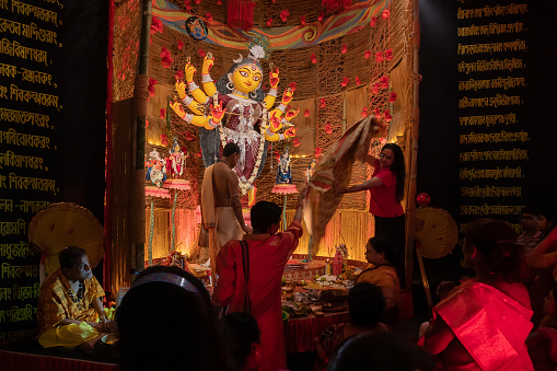 Hindu Purohit Worshipping Goddess Durga With Vog Offering Holy Food For