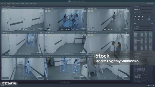 Playback Cctv Cameras In Hospital Hallway On Computer Screen Stock