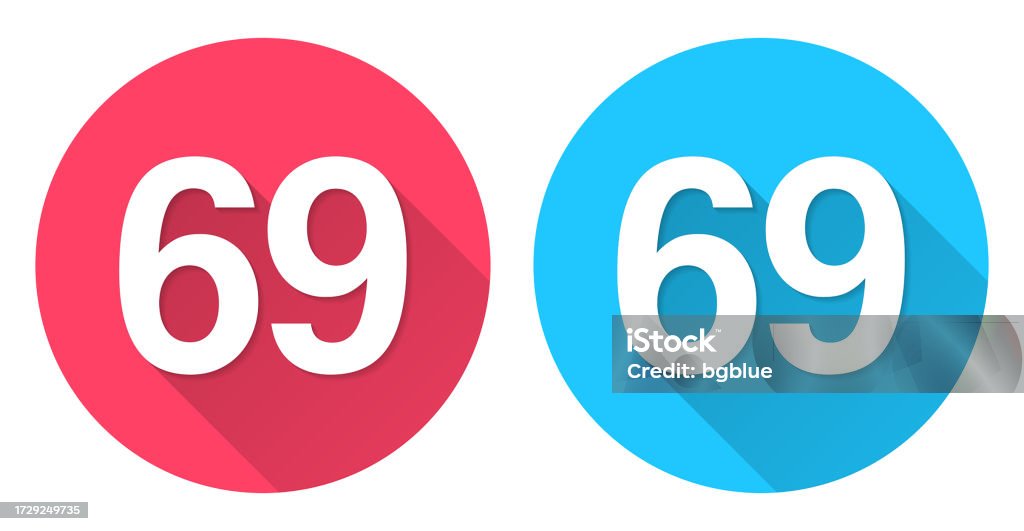 69 Number Sixtynine Round Icon With Long Shadow On Red Or Blue