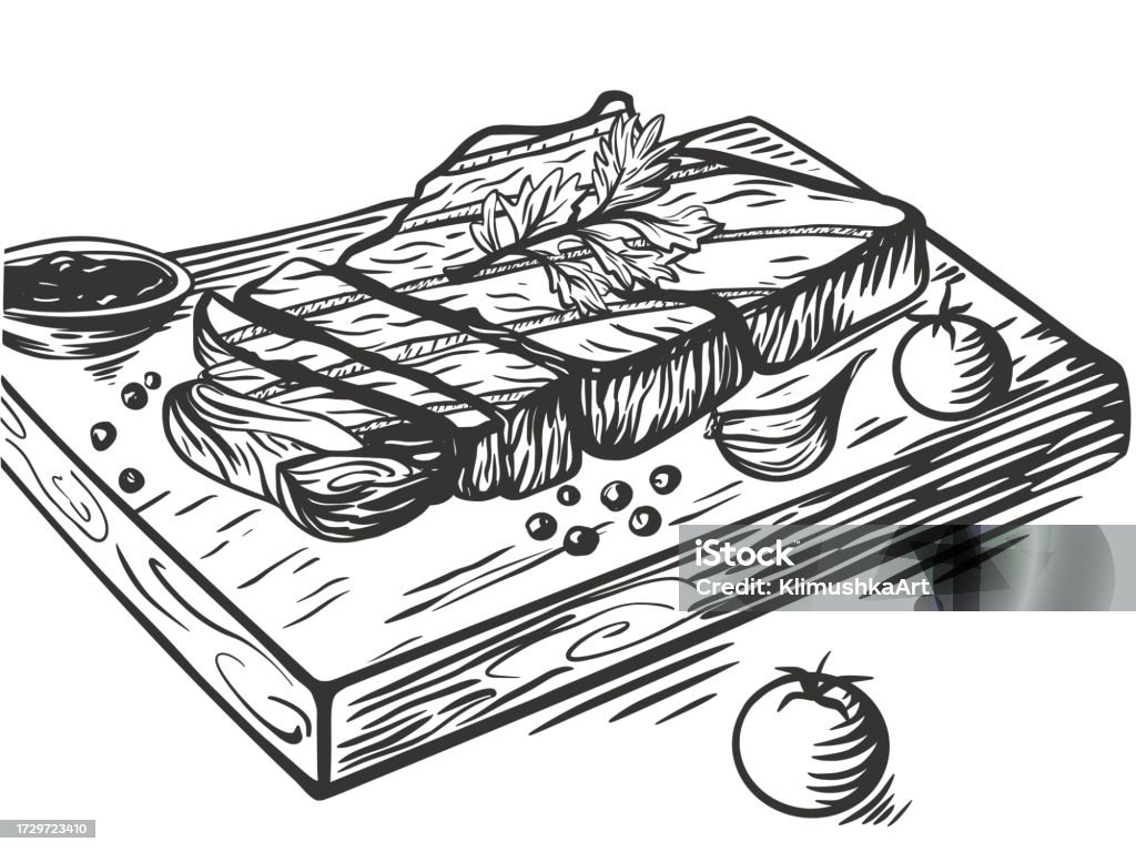 Grilled Beef Steak Hand Engraved Stock Illustration Download Image Now Beef Chopped Food