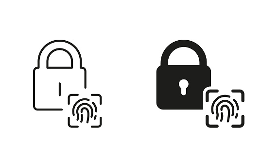 Gembok Dan Sidik Jari Garis Identifikasi Biometrik Dan Set Ikon Siluet