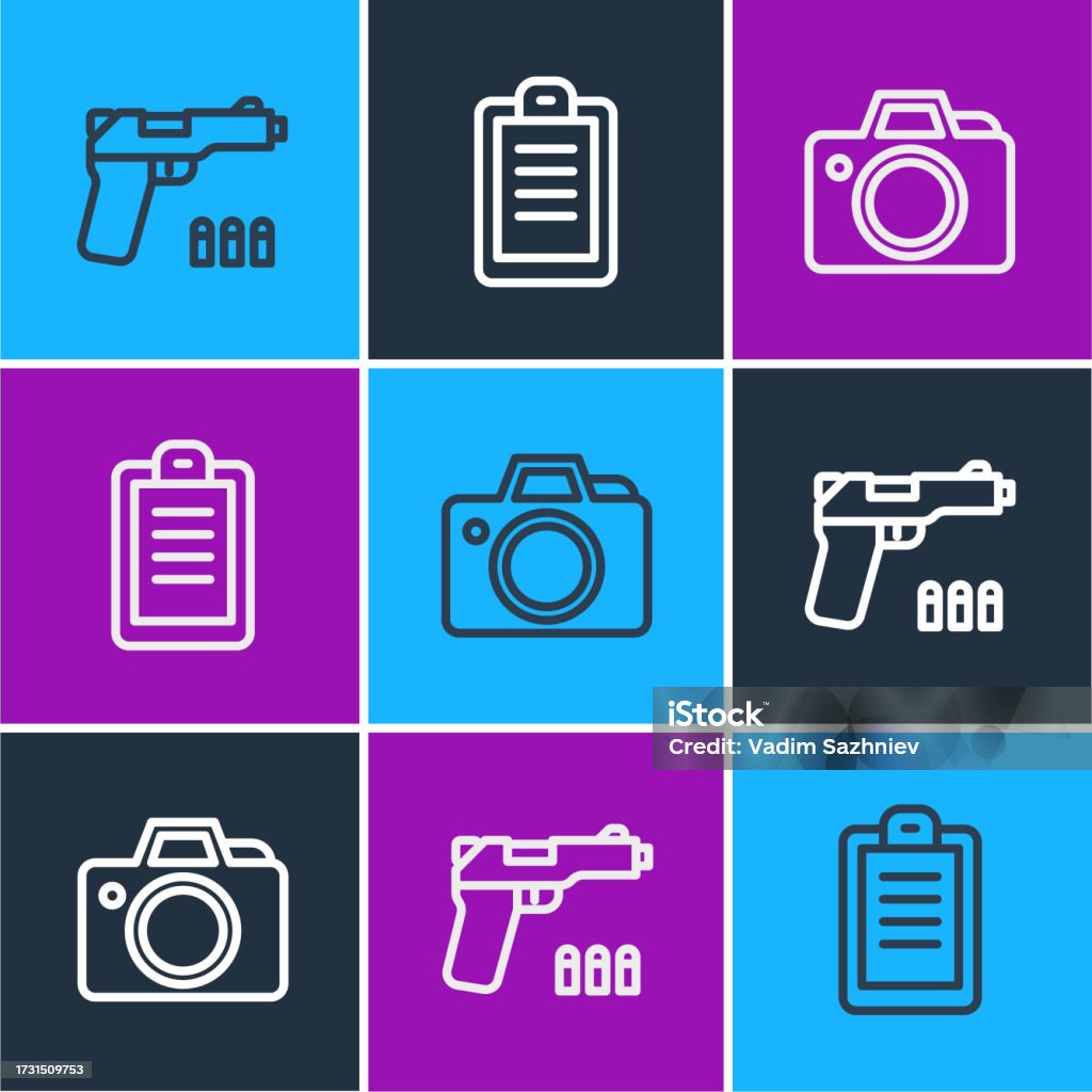 Set Garis Pistol Atau Pistol Kamera Foto Dan Ikon Laporan Polisi Vektor ... Set Garis Pistol Atau Pistol Kamera Foto Dan Ikon Laporan Polisi Vektor ...