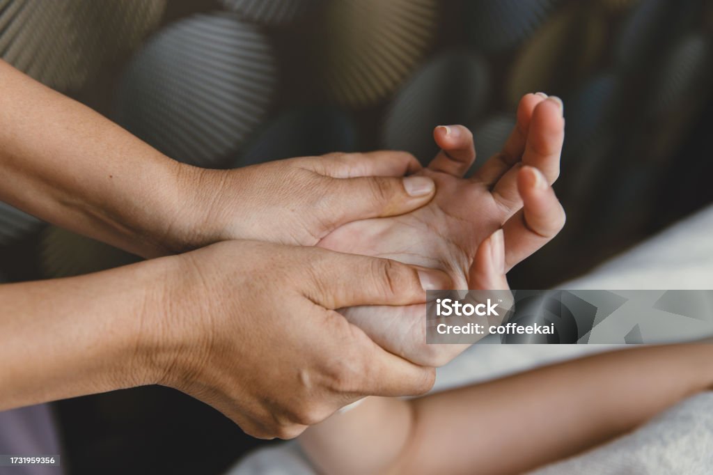 Process Of Hand Massage Wrist Knuckle Tendon Stretching And Acupressure For Relaxation And