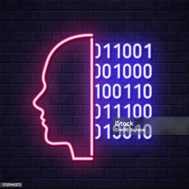 Visage Humain Avec Code Binaire Icône De Néon Lumineux Sur Fond De Mur