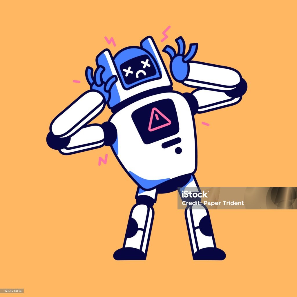 Sad Broken Robot With Warning Symbol Program Bug Technical Mistake