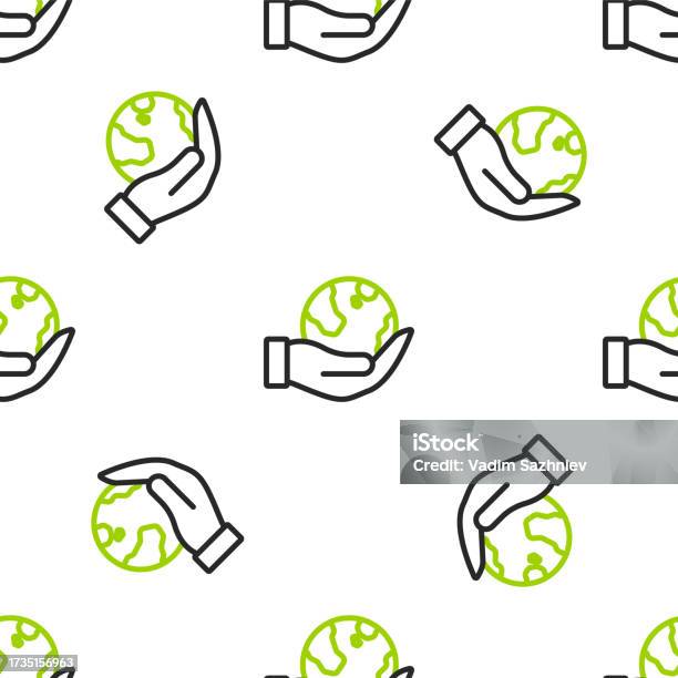 Line Human Hand Holding Earth Globe Icon Isolated Seamless Pattern On