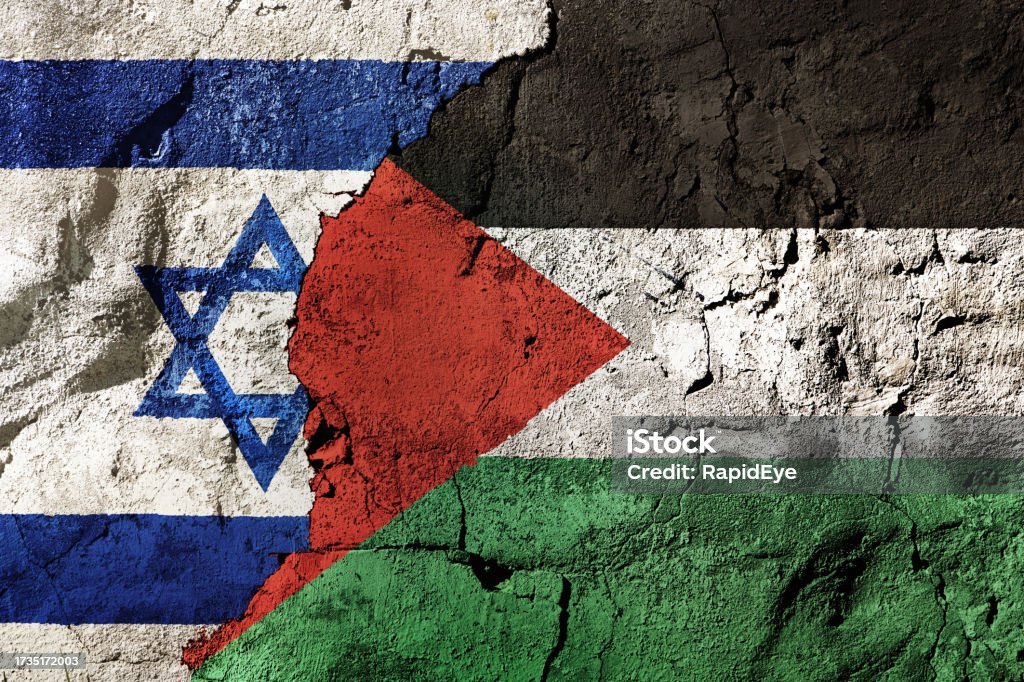 Flags Of Israel And Palestine Overlapping On A Cracked Textured Plaster ... Flags Of Israel And Palestine Overlapping On A Cracked Textured Plaster ...
