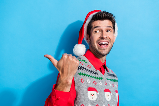 Photo Portrait Of Handsome Young Guy Point Look Excited Empty Space