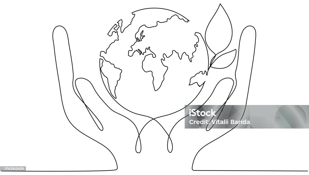 Human Hands Holding Earth Globe With Leaves Continuous Line Drawn Stock
