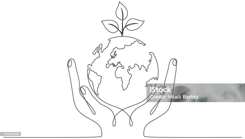 Human Hands Holding Earth Globe With Leaves Continuous Line Drawn Stock