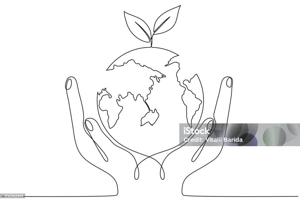 Human Hands Holding Earth Globe With Leaves Continuous Line Drawn Stock
