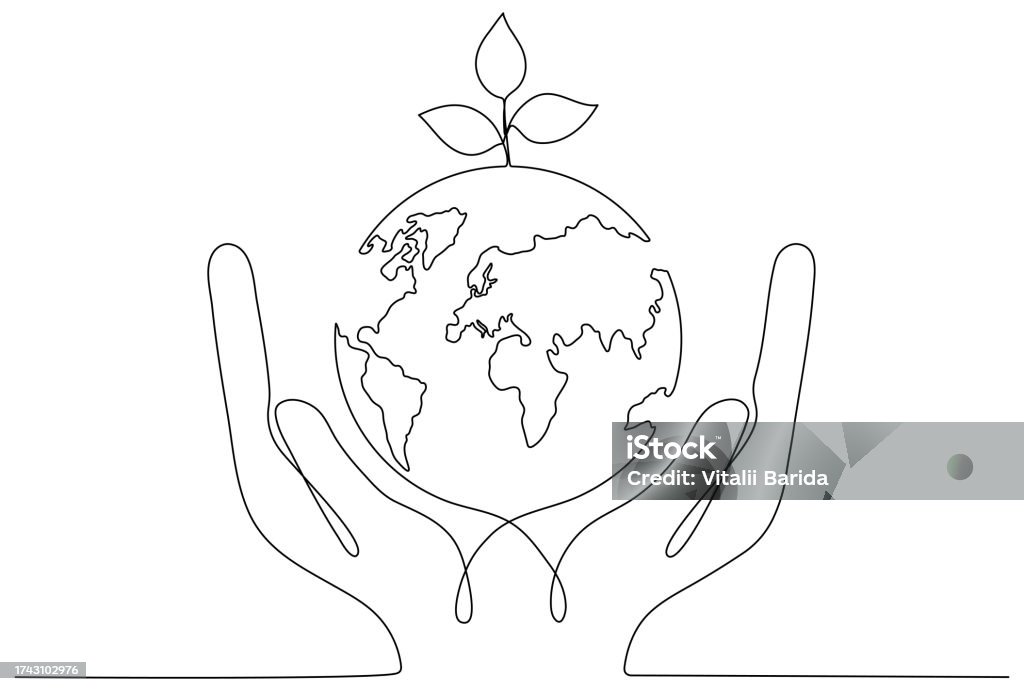 Human Hands Holding Earth Globe With Leaves Continuous Line Drawn Stock