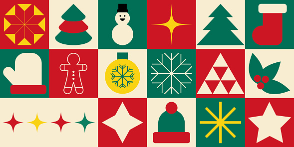 Christmas Icons Elements With Geometric Seamless Pattern Stock