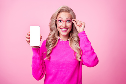 Photo Of Satisfied Optimistic Pretty Girl Wear Stylish Outfit Hand