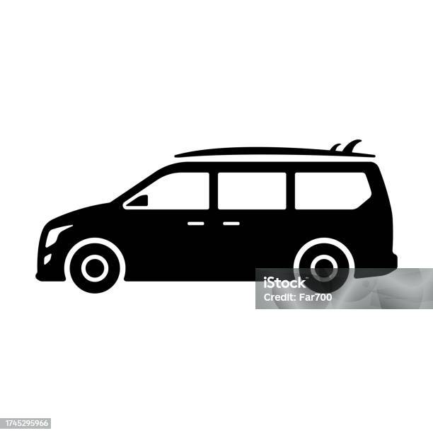 Minivan And Surfboard Icon Black Silhouette Side View Vector Simple