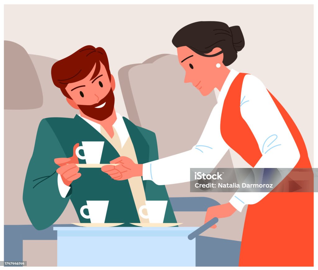 Stewardess Offering Coffee To Passenger Flight Attendant Serving Drink