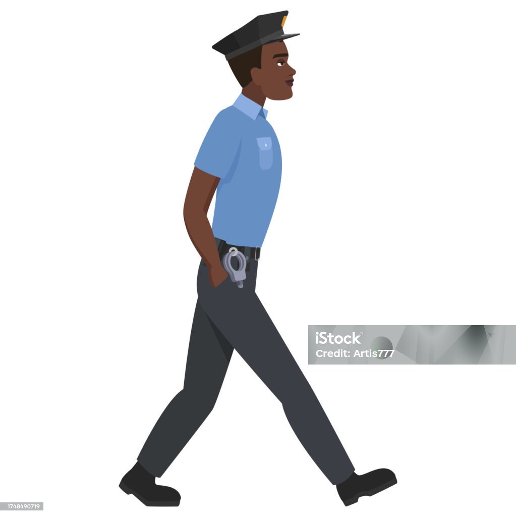 Vetores De Vista Lateral De Policial Negro Ambulante E Mais Imagens De