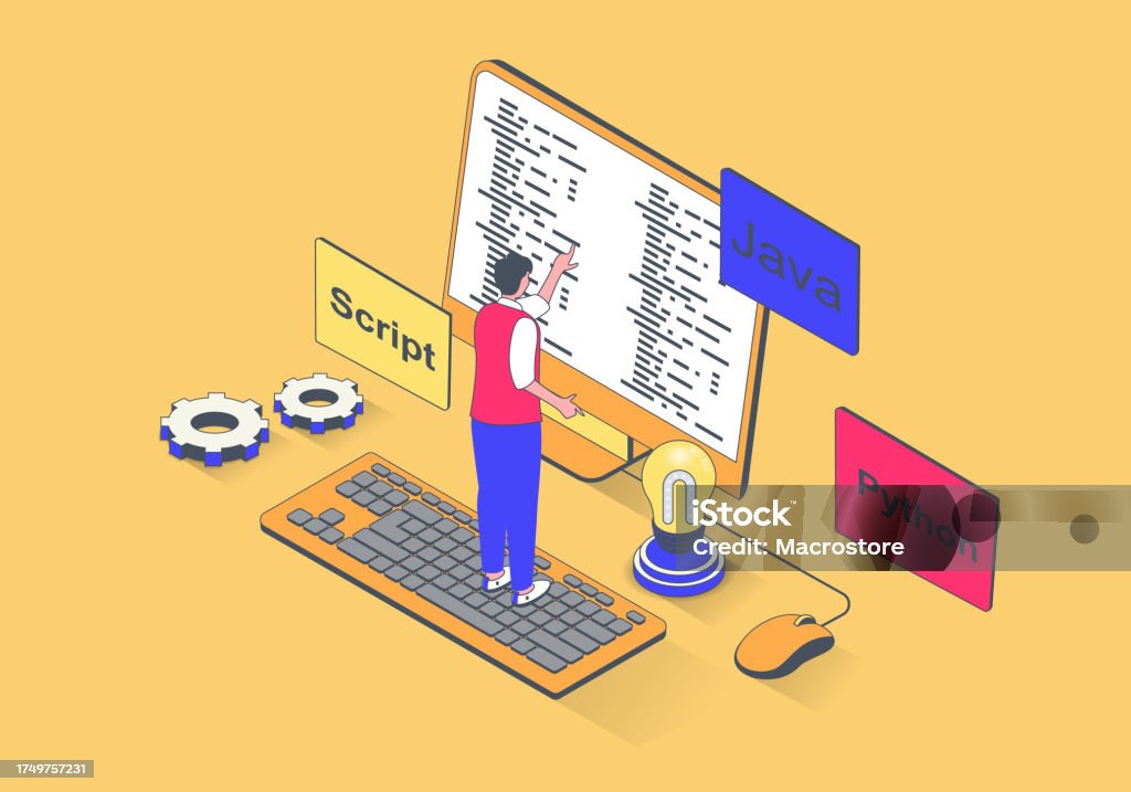 Programming Concept In 3d Isometric Design Man Working With Code Coding Python Language Writes