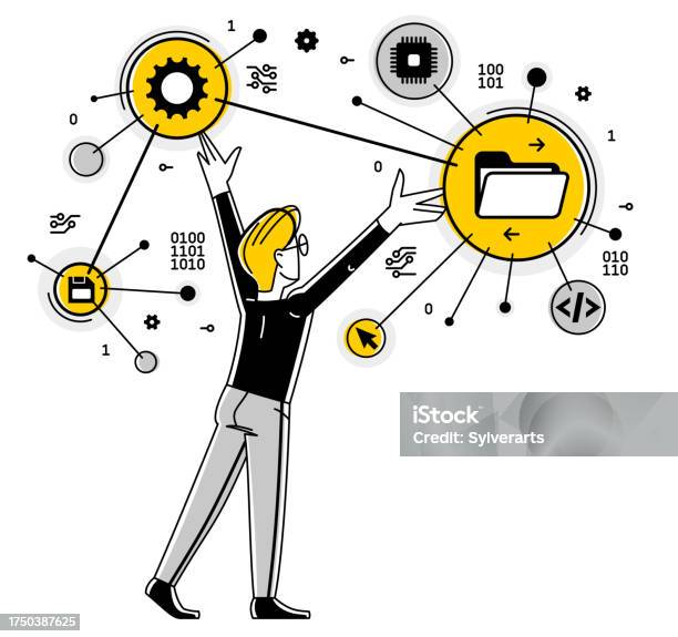 Programmer Is Coding And Repairing Some Machine System Vector Outline Illustration Computer
