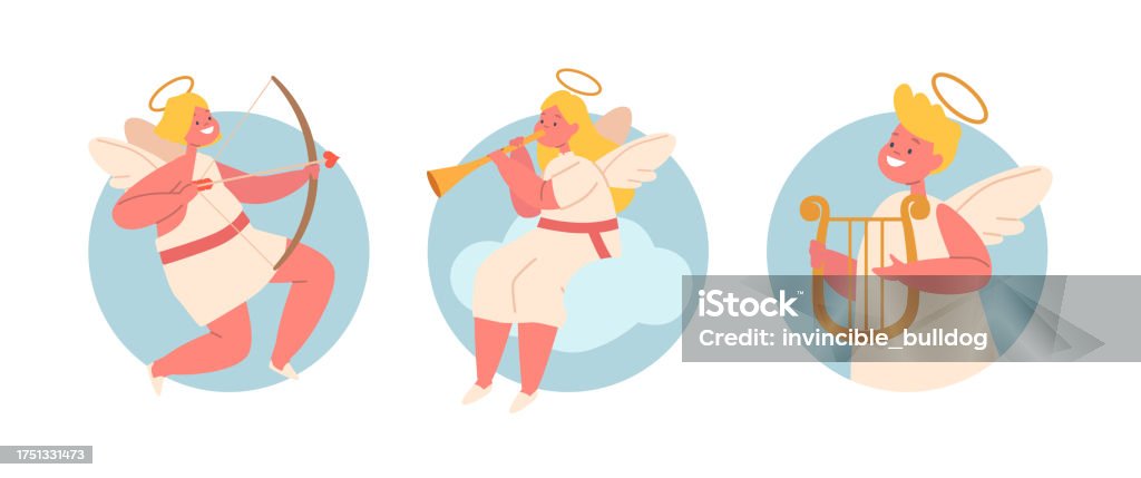 Isolated Round Icons Or Avatars With Cherubic Angels With Harp Bow And