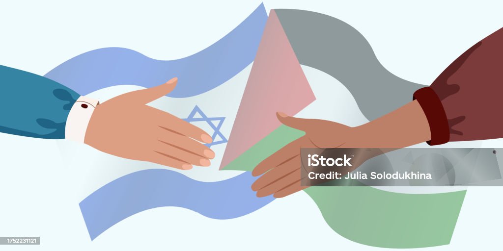 Stretta Di Mano Tra Israele E Palestina Sventolando Bandiere Della ... Stretta Di Mano Tra Israele E Palestina Sventolando Bandiere Della ...