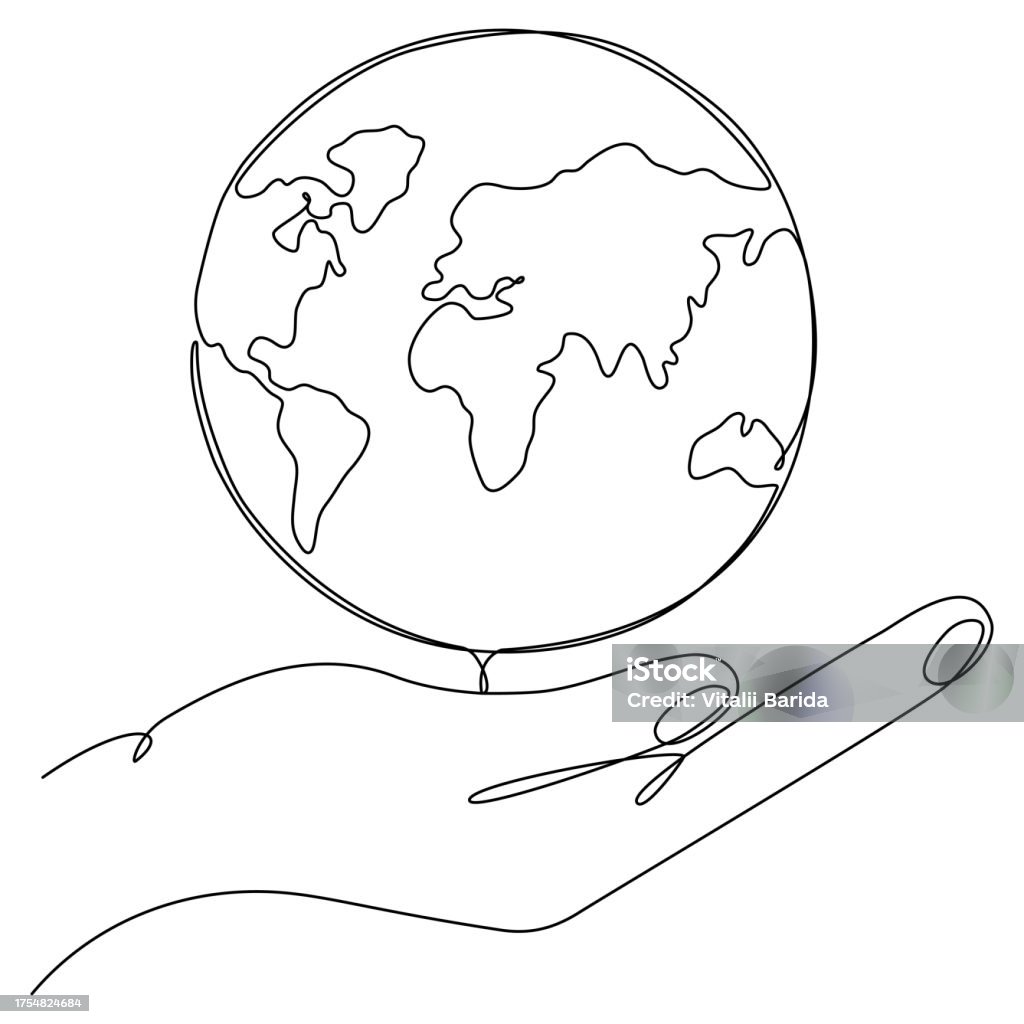 Human Hands Holding Earth Globe Continuous Line Art Drawing Stock