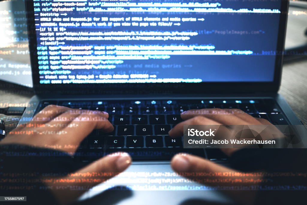Hands Code Overlay And Laptop Typing With Cybersecurity Hacker And