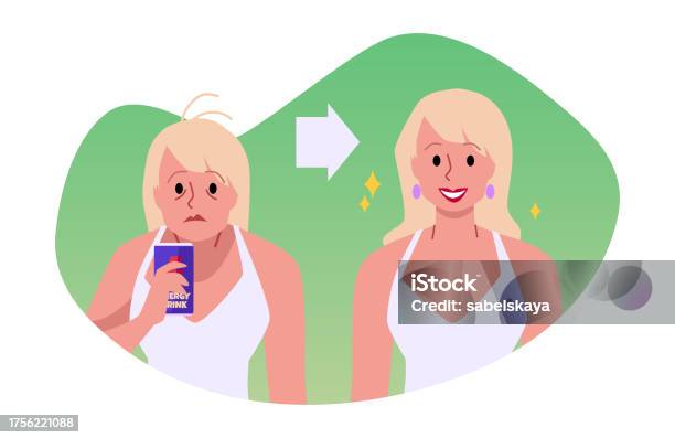 에너지 드링크 홍보 개념 여성 캐릭터 벡터 일러스트레이션 Mental Wellbeing에 대한 스톡 벡터 아트 및 기타 이미지