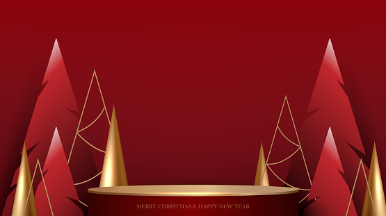 Podium Panggung Dihiasi Dengan Pohon Natal Potongan Kertas Logam Emas ... Podium Panggung Dihiasi Dengan Pohon Natal Potongan Kertas Logam Emas ...