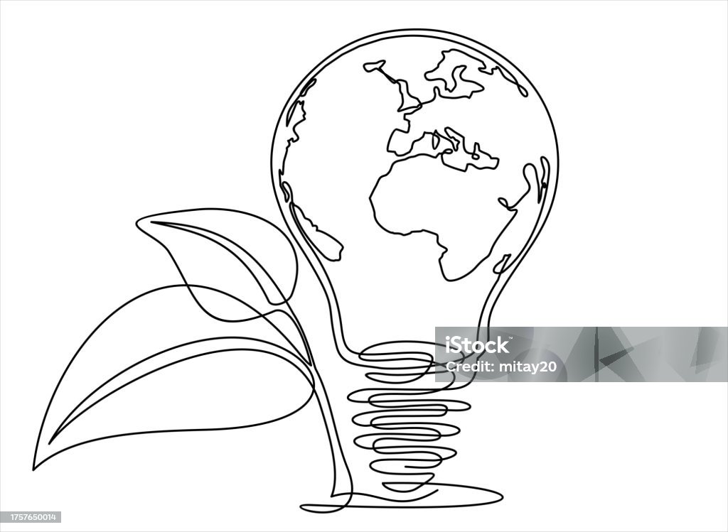 Dessin Au Trait Continu De La Planète Terre Sous La Forme Dune Ampoule