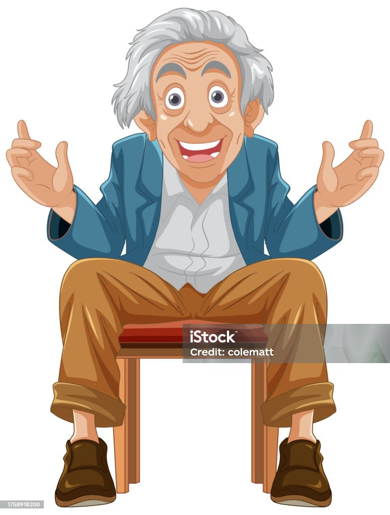 Excited Grandfather Sitting On Vintage Chair Stock Illustration