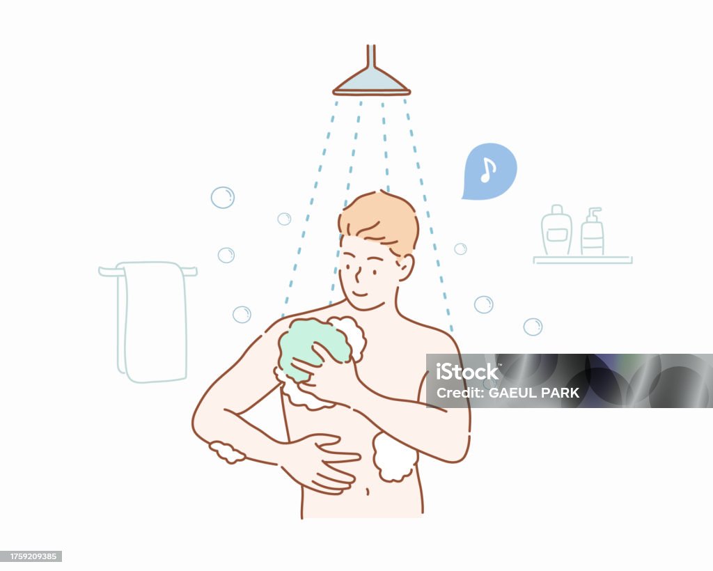 Happy Man Taking Shower In Bathroom Concept Stock Illustration