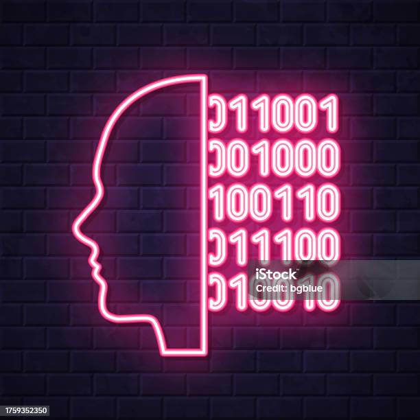 Visage Humain Avec Code Binaire Icône De Néon Lumineux Sur Fond De Mur