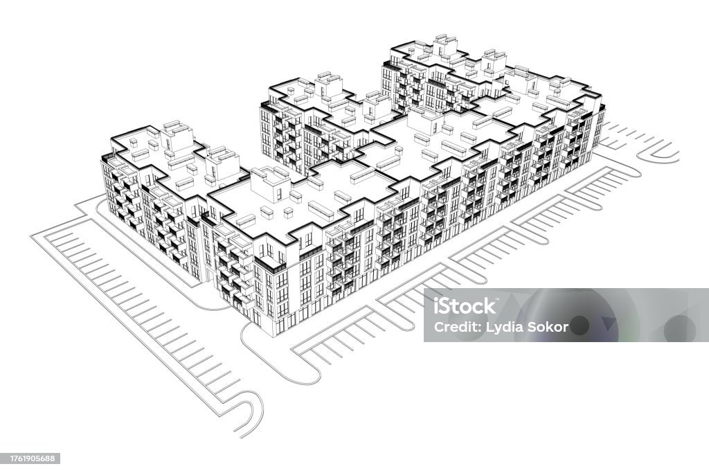 Vector Architectural Project Of A Multistory Building Aerial View Stock