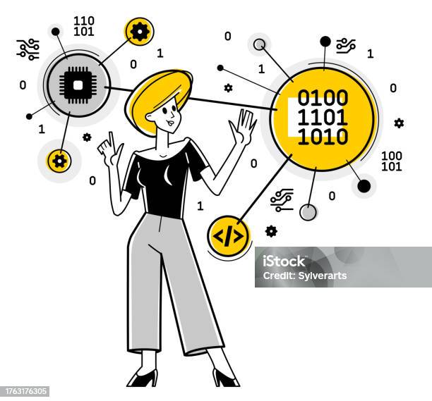 Programmer Is Coding And Repairing Some Machine System Vector Outline