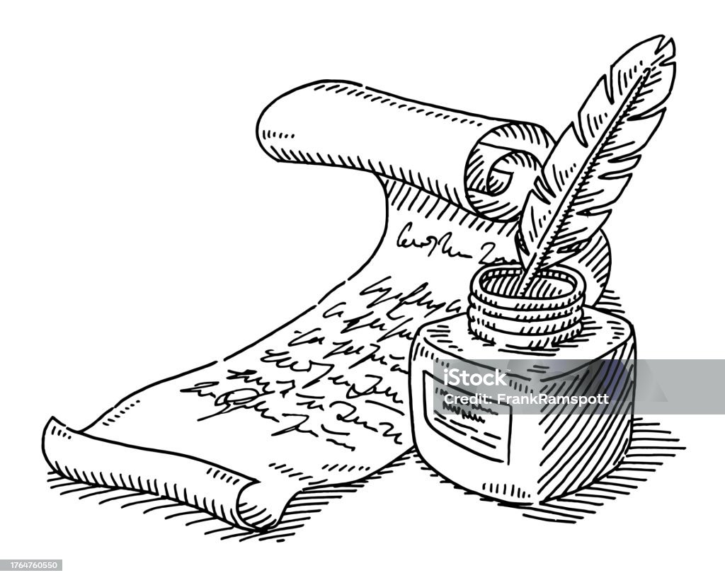 Writing Feather Ink Scroll Drawing Stock Illustration Download Image