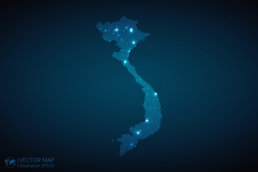 Vietnam Map Radial Dotted Pattern In Futuristic Style Design Blue
