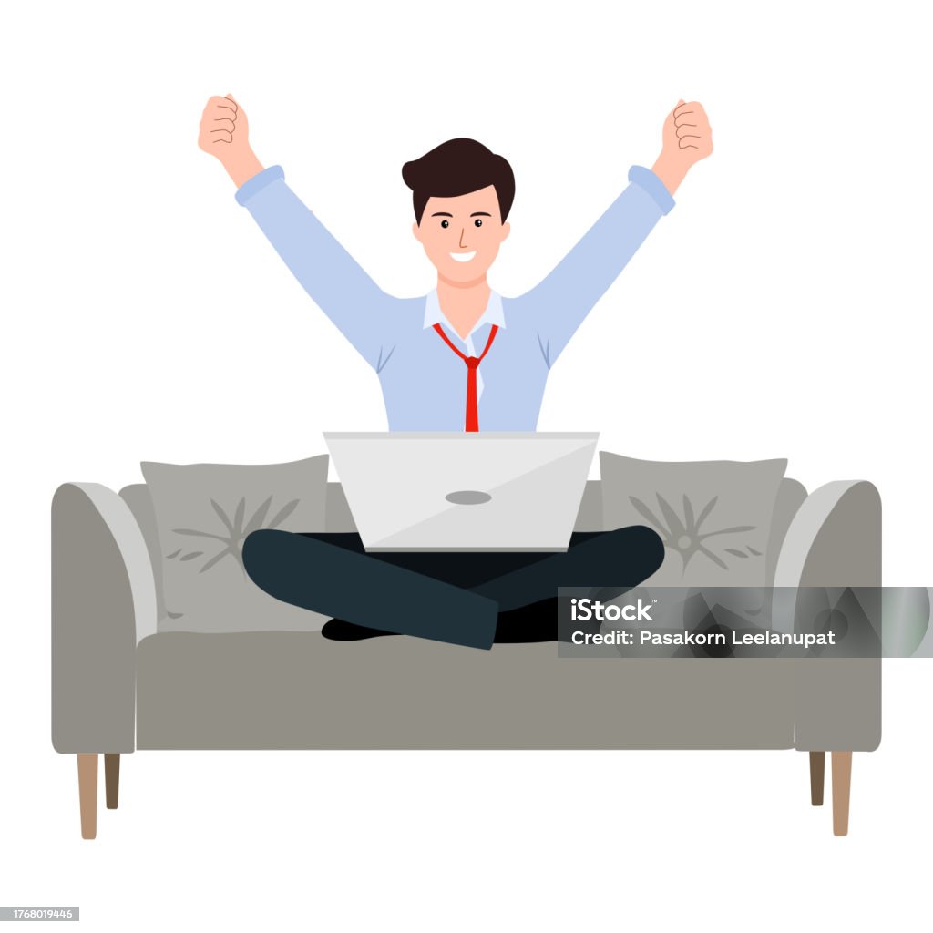 Happy Man Completed Task And Triumphing With Raised Hands On The His