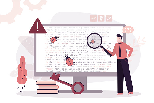 Programmer Tester Male Character Software Developer Finding Program Bugs And Mistakes After