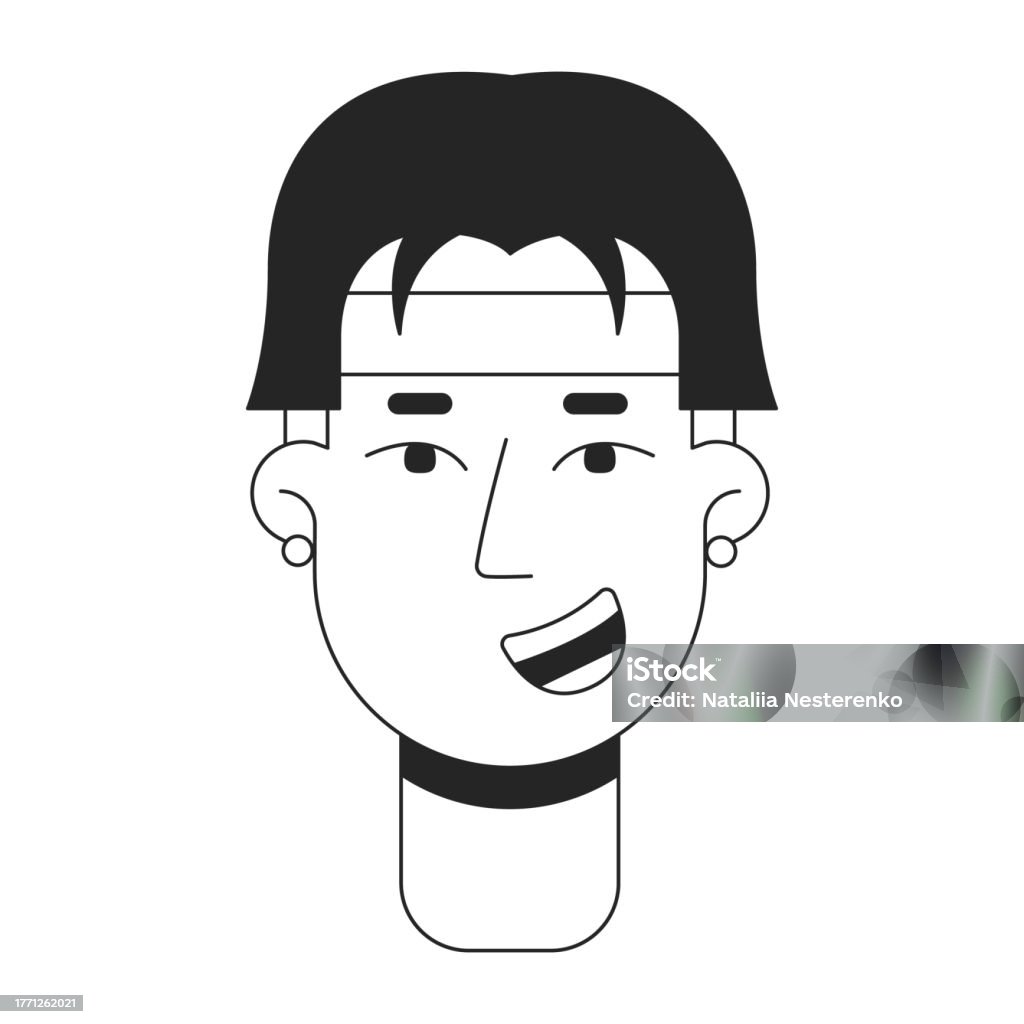 Excited Asian Man Smiling Monochrome Flat Linear Character Head Stock