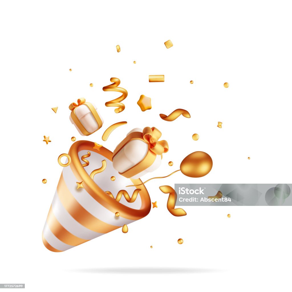 Ilustración de Popper De Fiesta Dorado 3d Con Confeti y más Vectores ... Ilustración de Popper De Fiesta Dorado 3d Con Confeti y más Vectores ...