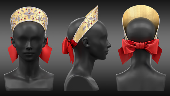 러시아 국가 머리 장식 Kokoshnik 세 각도의 검은 배경에 마네킹 3d 렌더링 검은색에 대한 스톡 사진 및 기타 이미지