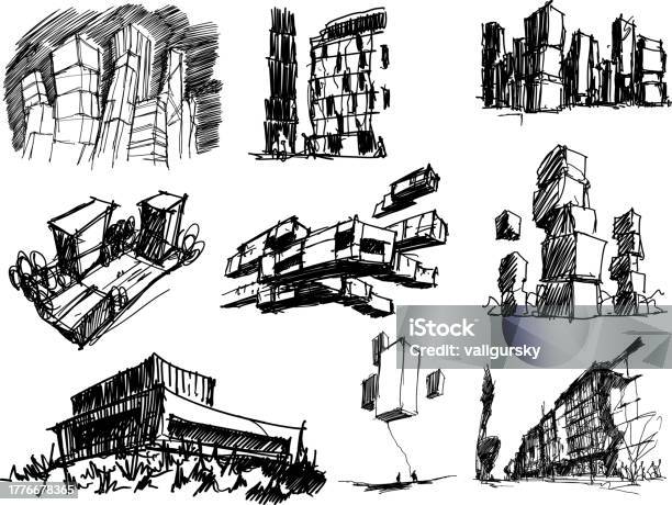 Many Architectural Sketches Of A Modern Fantastic Architecture And