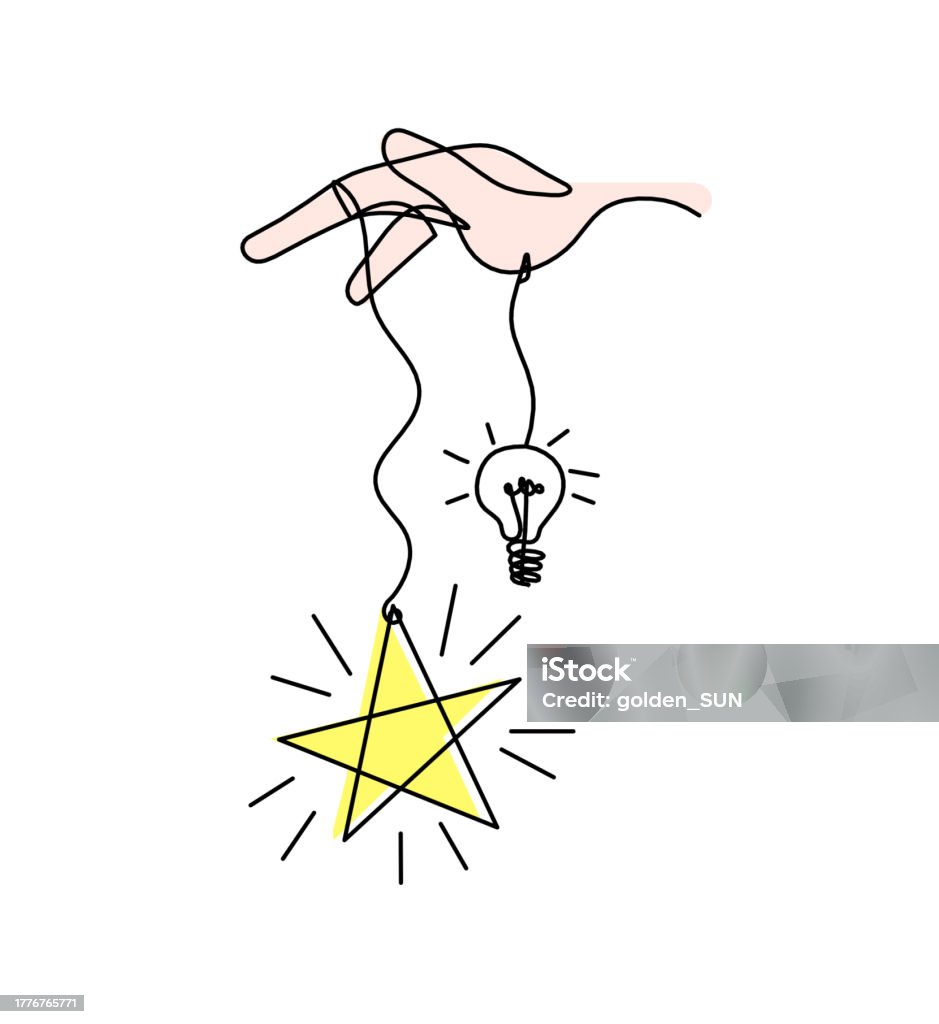 Étoile De Couleur Abstraite Avec Main Et Ampoule Comme Dessin Au Trait