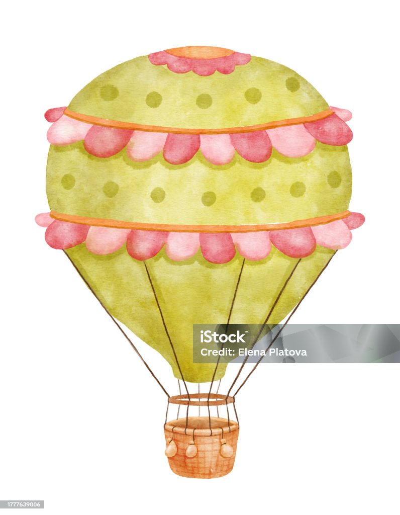 Vintage Hot Air Balloon Watercolor Illustration Isolated On White Stock