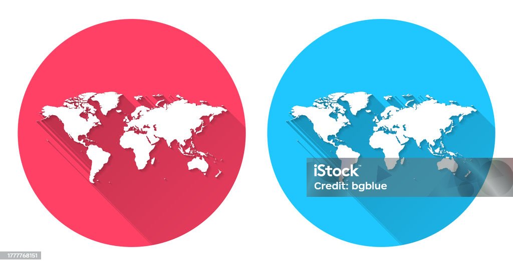 World Map Round Icon With Long Shadow On Red Or Blue Background Stock Illustration Download